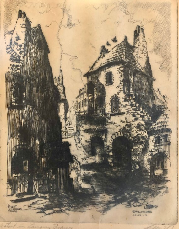 Antique Edwill Fisher Signed Black and White Etching Langres | Etsy