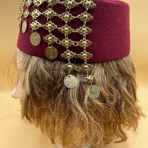Vintage Afghan Red Felt Hat Turkish Sultan Cap Headpiece Gold Metal ...