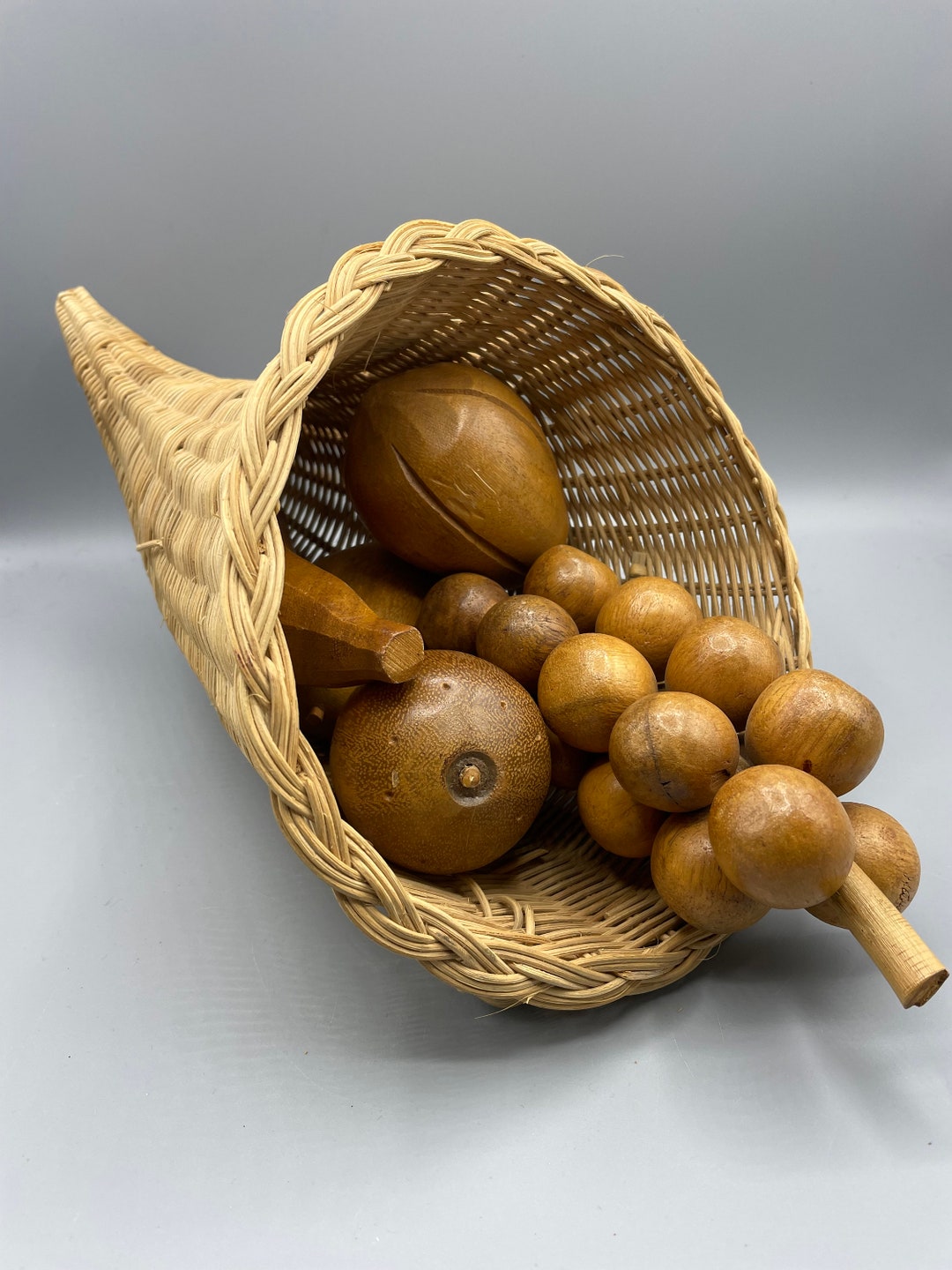 Carved Wooden Fruit Vintage 6 Piece Set Cornucopia Basket Hawaiian ...