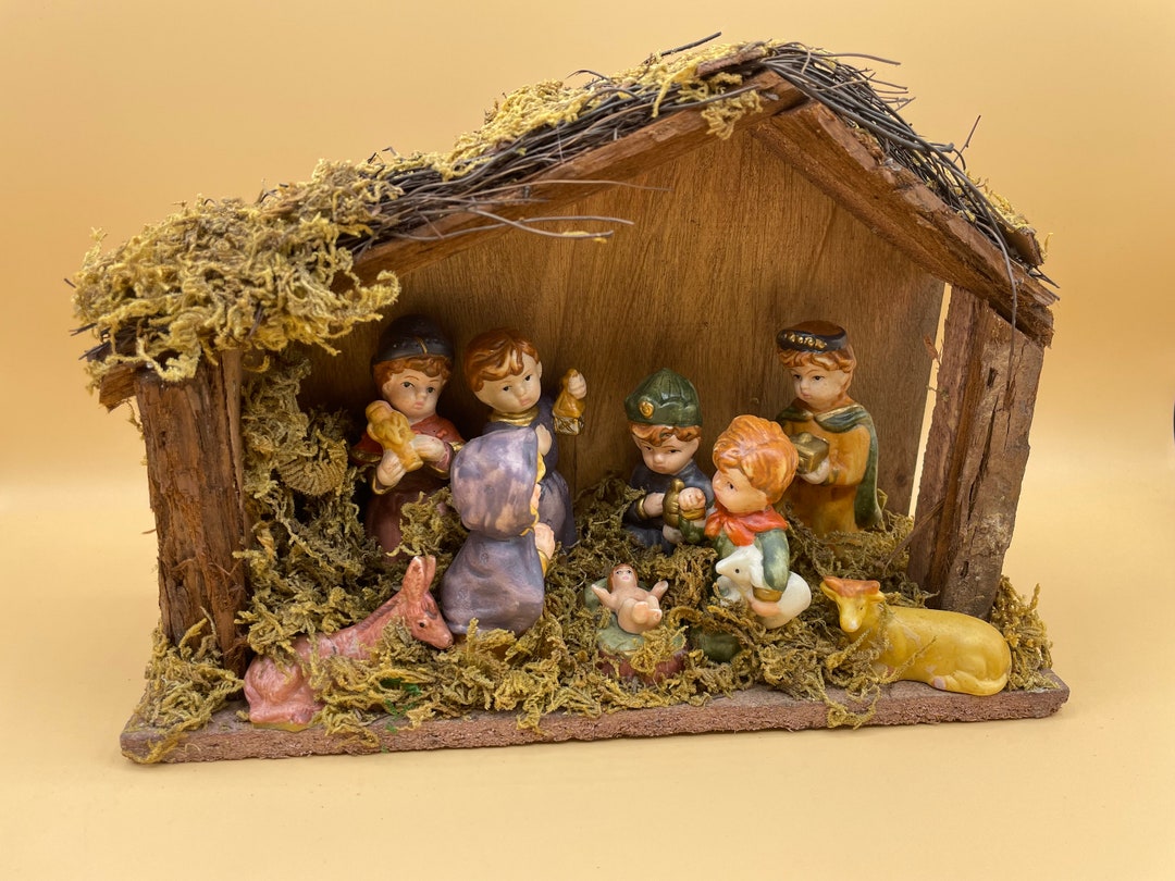 Vintage Rustic Wood Stable Ceramic Childs Nativity Scene 9 Piece Set ...