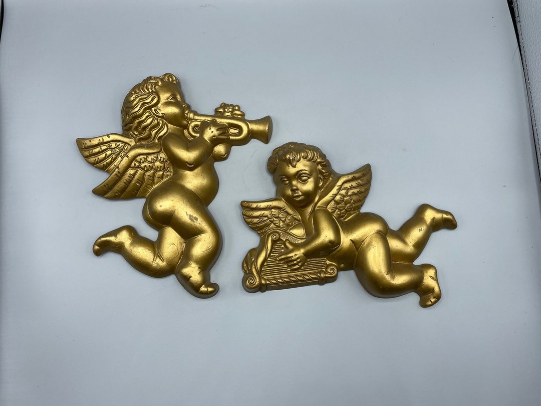 Gold Cherub Angels Mid Century Vintage Angel Wall Art Decor Pair Set of ...