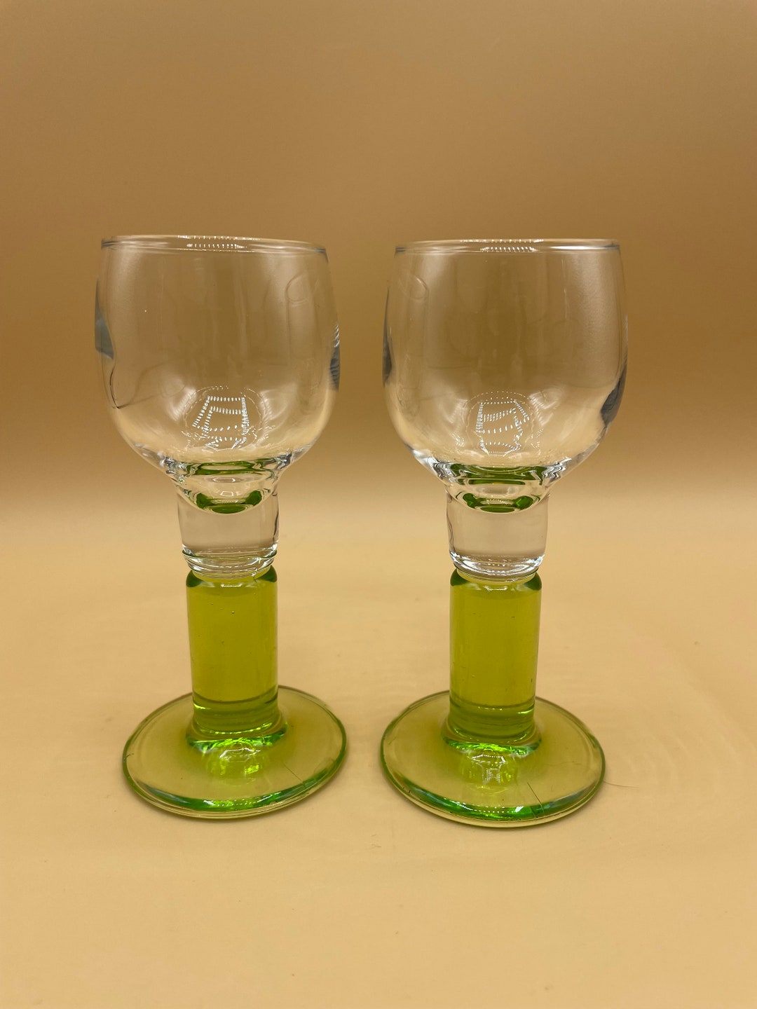 2 Vintage Bormioli Liquor Aperitif Stemware Glasses Green Glass Stem ...