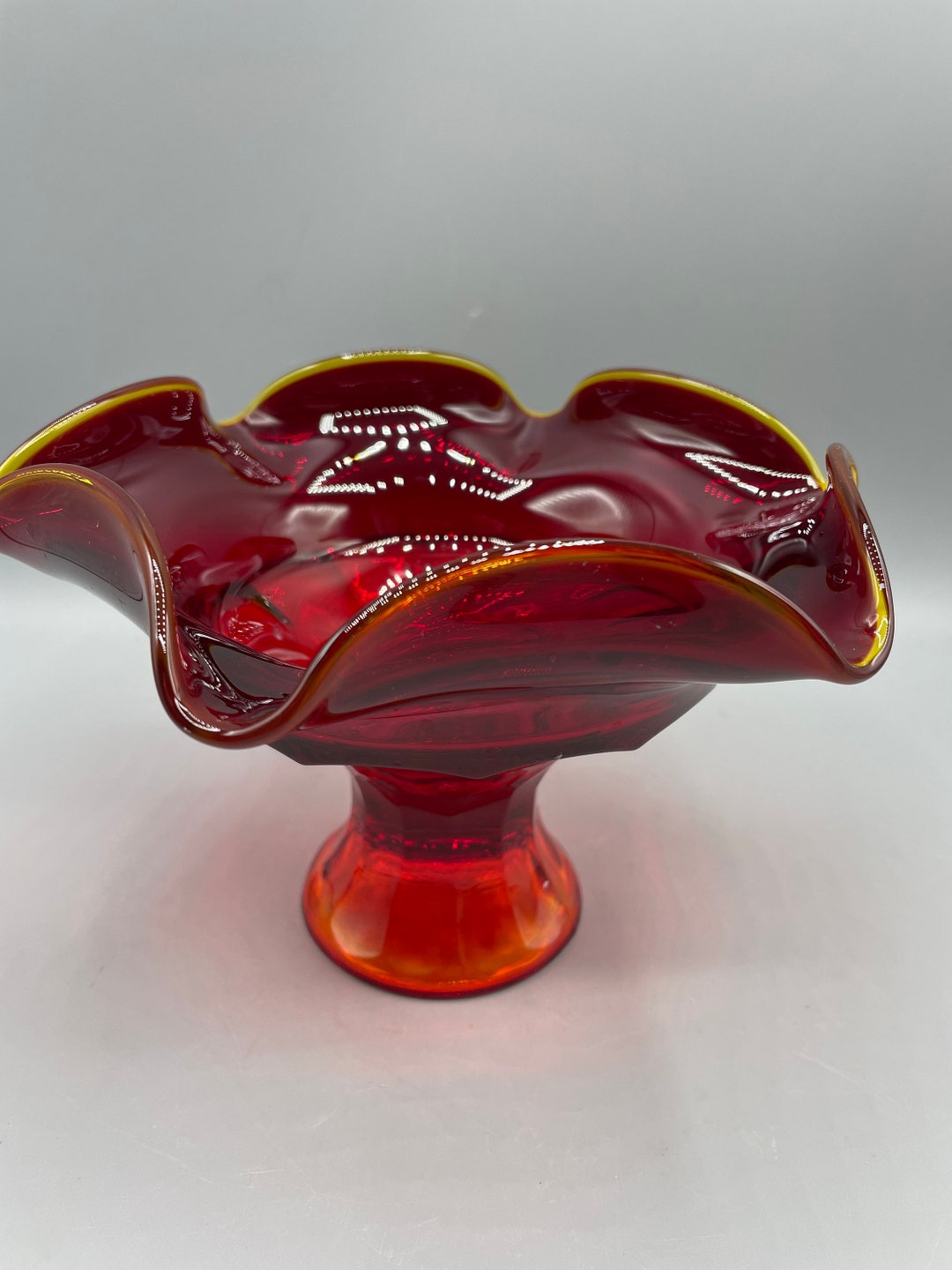 Vintage Red Orange Epic Viking Art Glass Footed Candy Dish Amberina ...