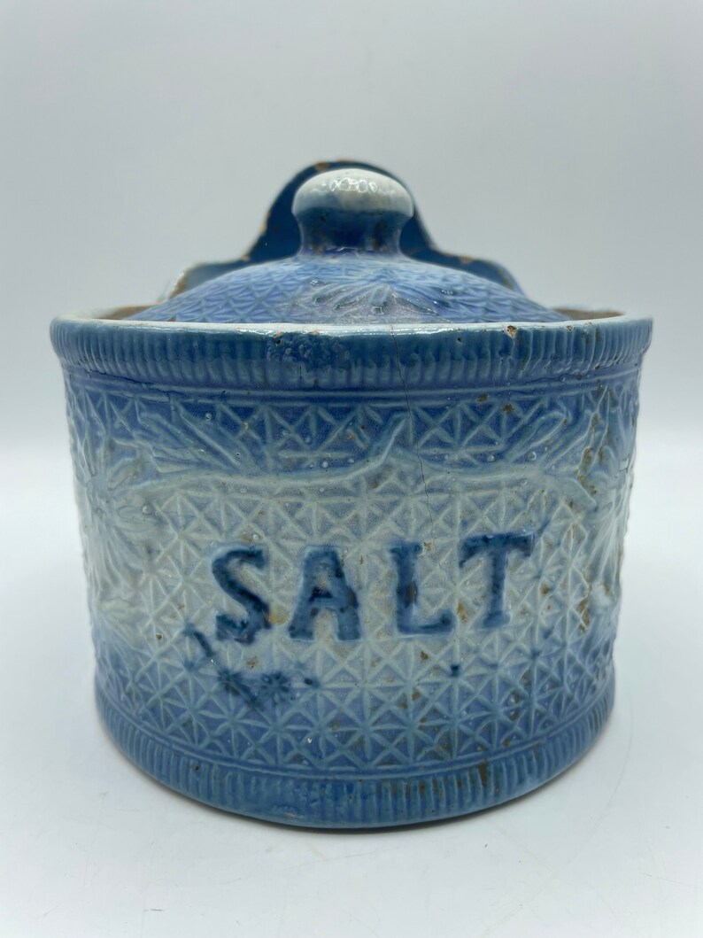 Antique Blue White Ceramic Salt Container Flow Blue Vintage - Etsy