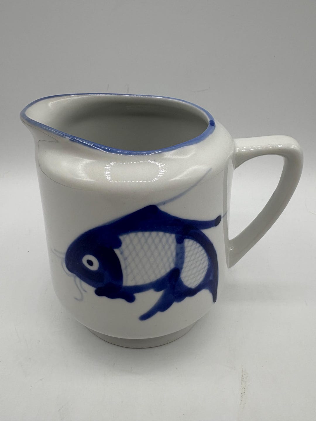 Blue Carp Koi Fish Small Gravy or Syrup Pitcher Vintage White Ceramic ...