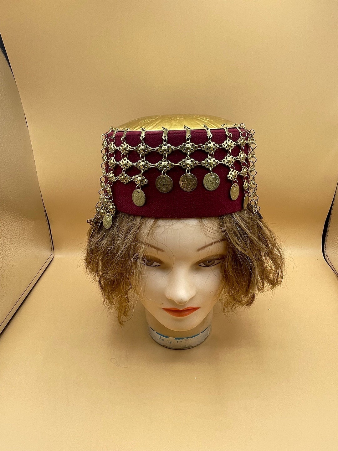 Vintage Afghan Red Felt Hat Turkish Sultan Cap Headpiece Gold Metal ...