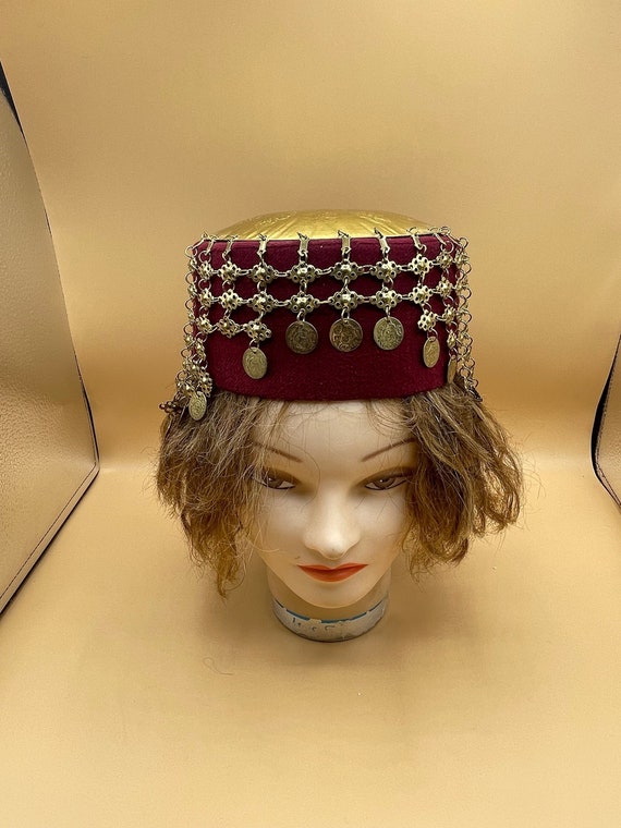 Vintage Afghan Red Felt Hat Turkish Sultan Cap Headpi… - Gem