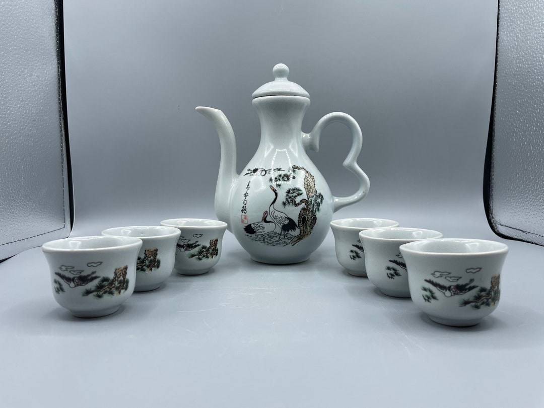 Vintage Japanese Tea Set Sake Set Crane Design 6 Cups Decanter Teapot ...