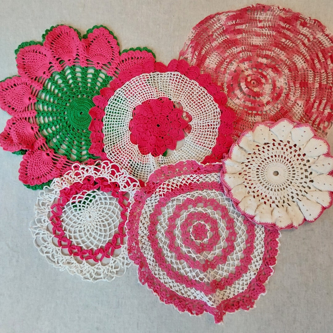 Vintage Hand Crocheted Doilies, Shades Dark Pink and Green, Craft or ...