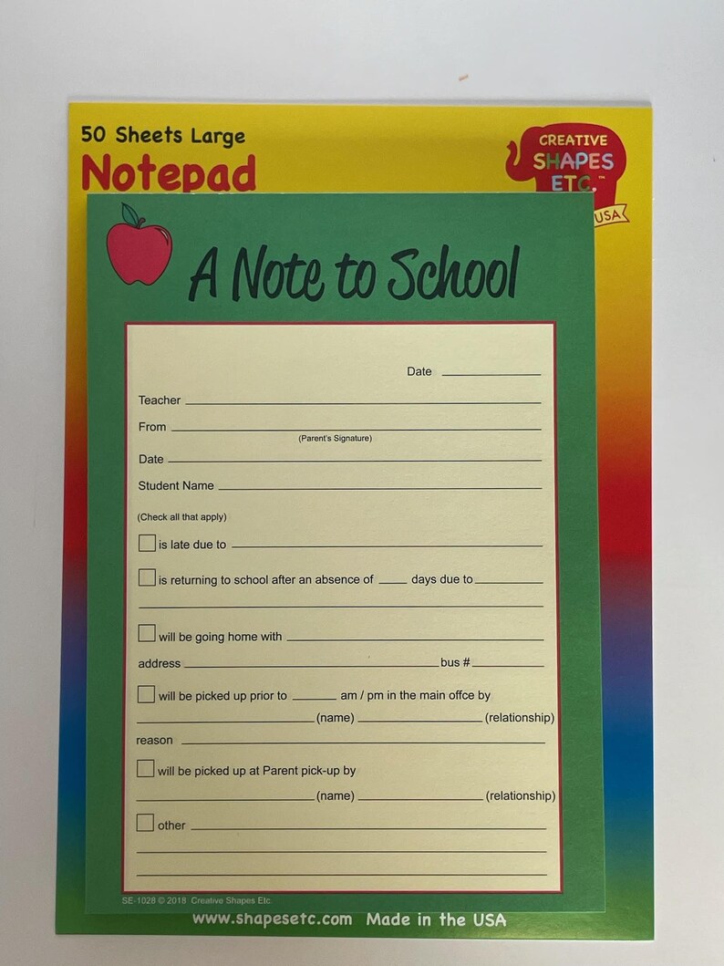 Note to School - Notes to Parents, School Communication Notepad, Bus ...