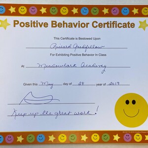Recognition Certificates - Positive Behavior, 30 Certificates 11x8.5in ...