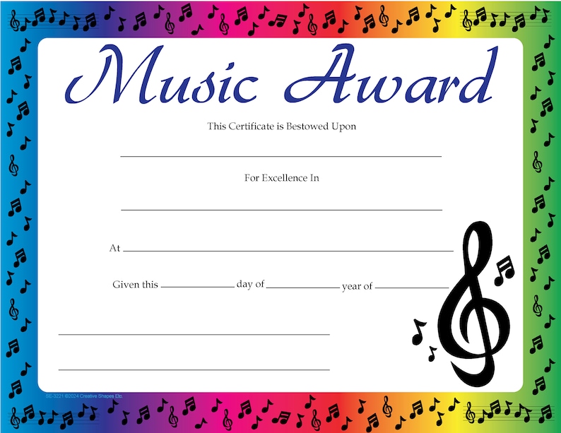 Music Award Certificates: Student Classroom Achievement (30 Count, 11x8 ...