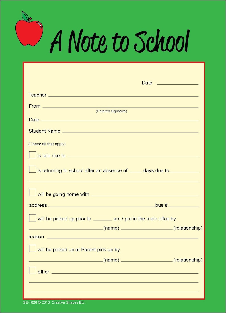 Note to School - Notes to Parents, School Communication Notepad, Bus ...