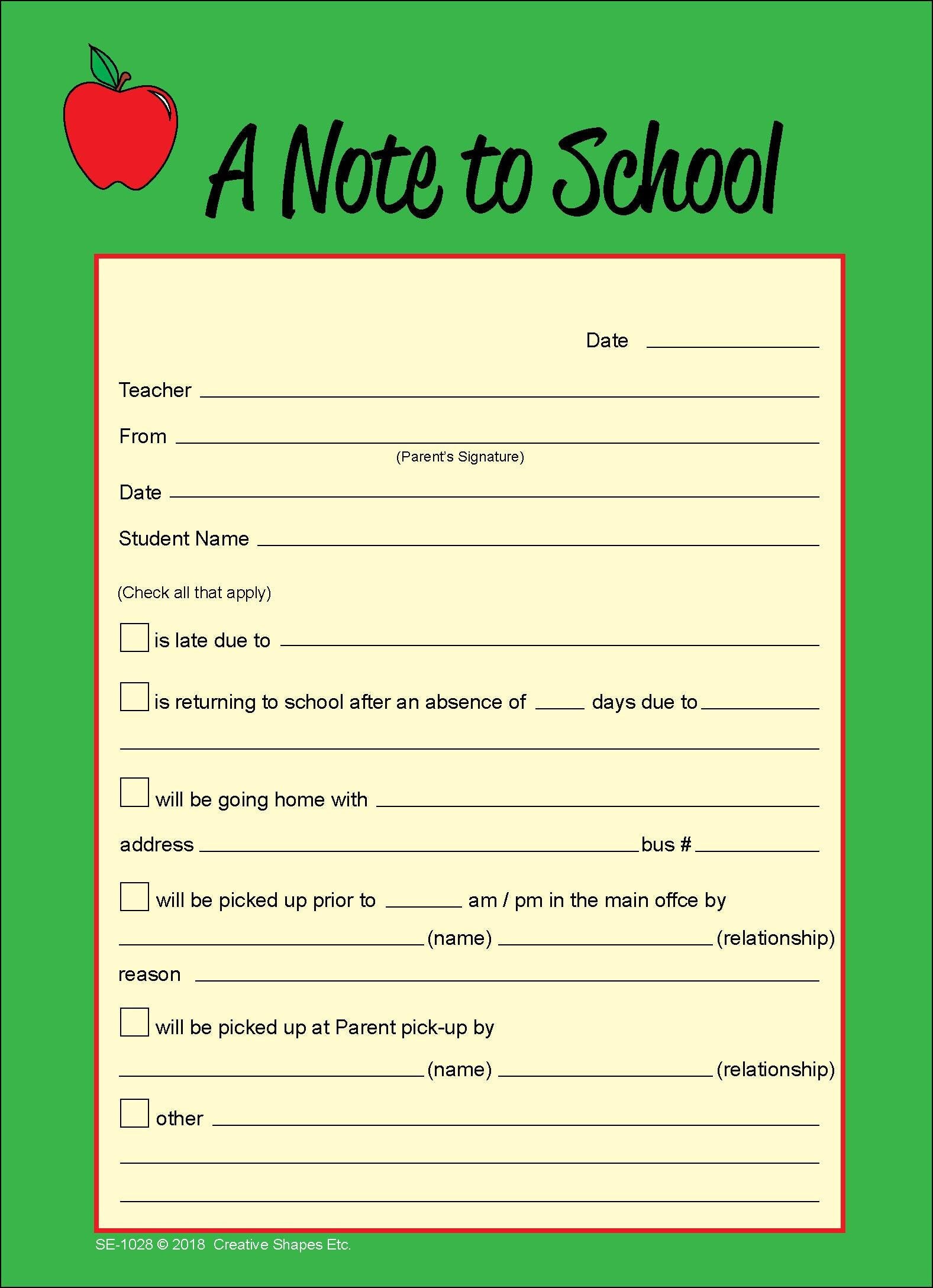 Note to School - Notes to Parents, School Communication Notepad, Bus ...