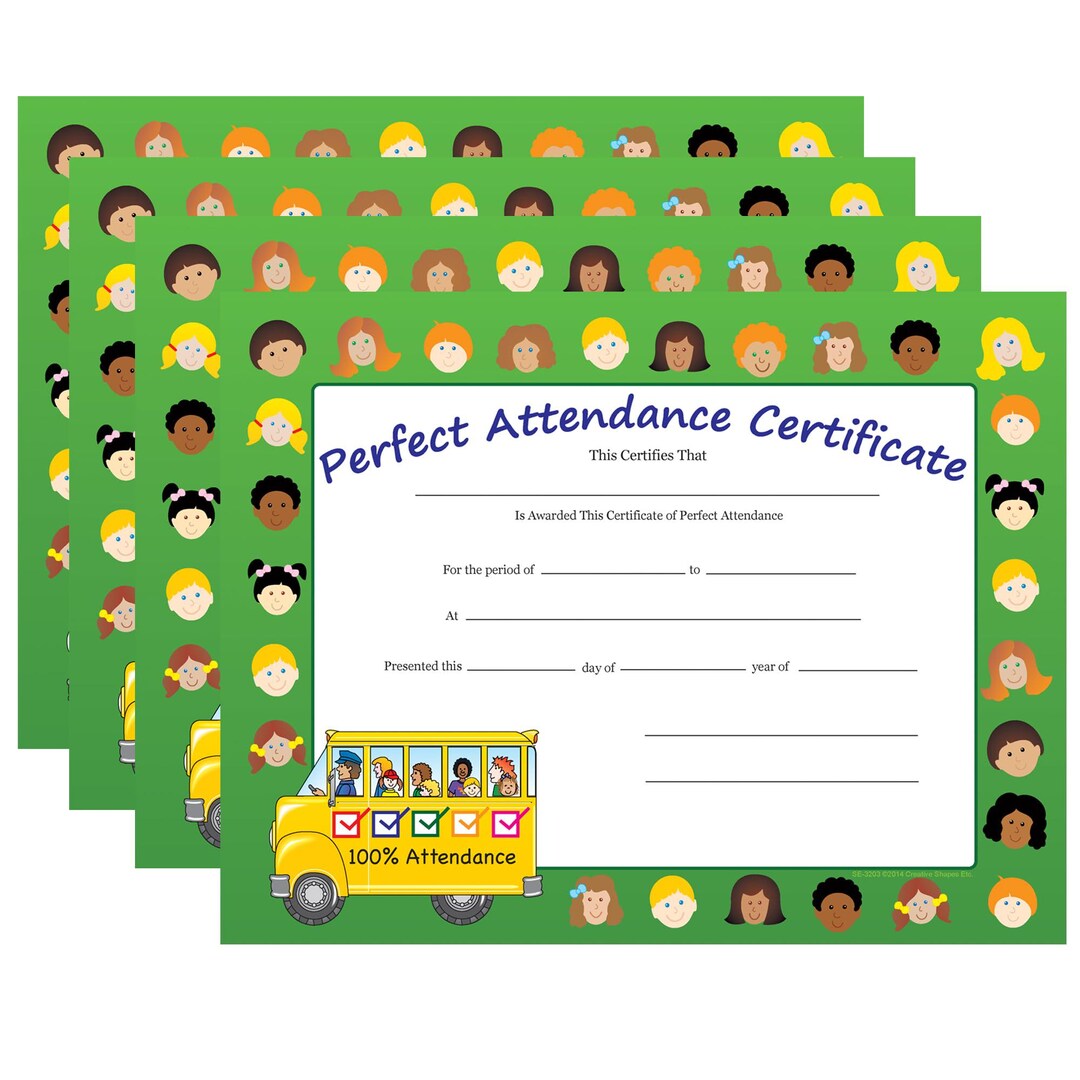 Recognition Certificates - Perfect Attendance, 30 Certificates 11 X 8.5 ...