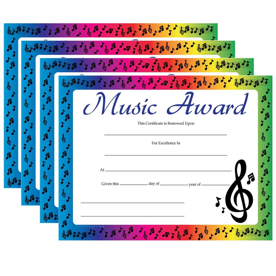 Music Award Certificates: Student Classroom Achievement (30 Count, 11x8 ...
