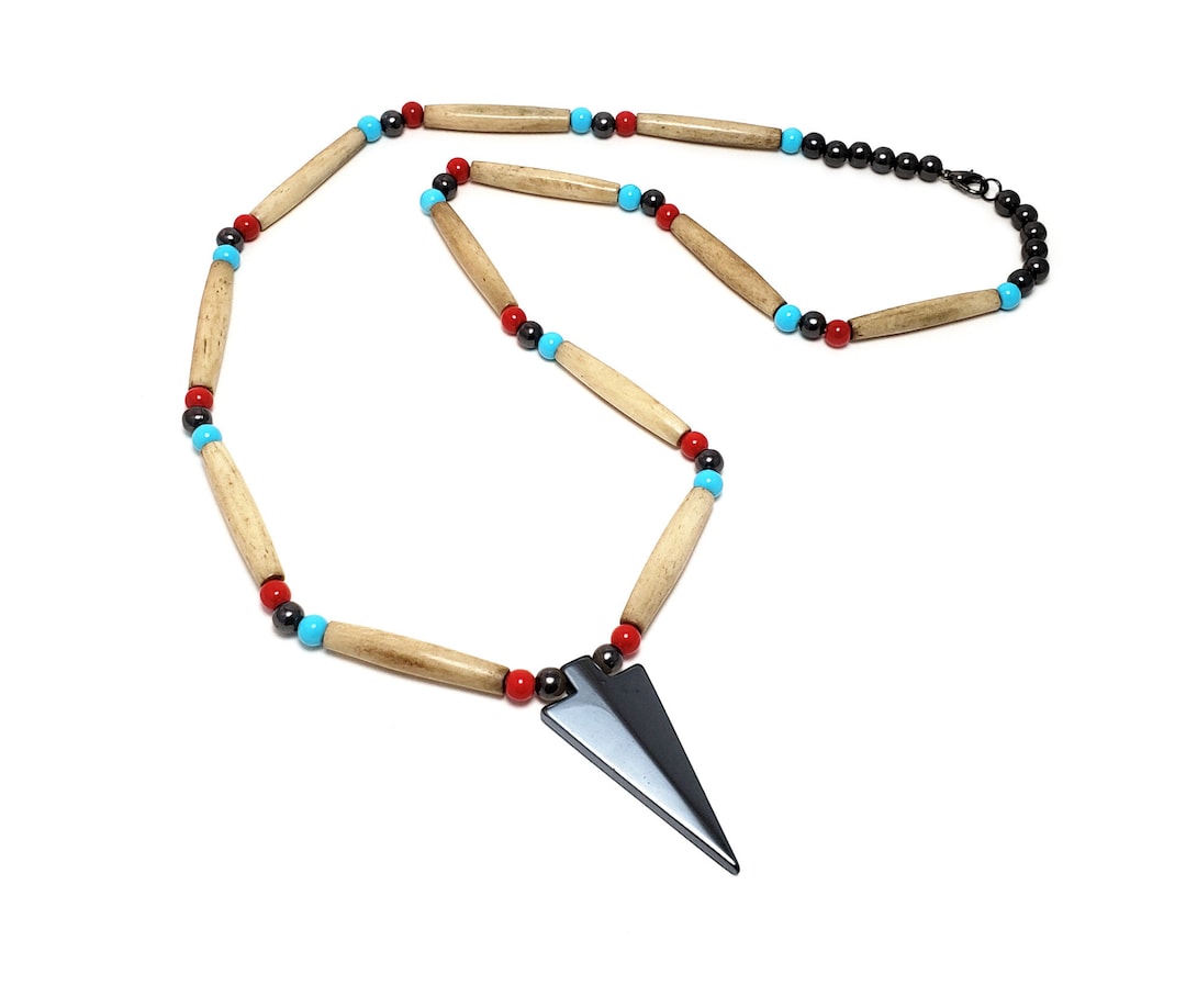 Buffalo Bone Hairpipe Beads Necklace With Hematite Stone Arrowhead ...