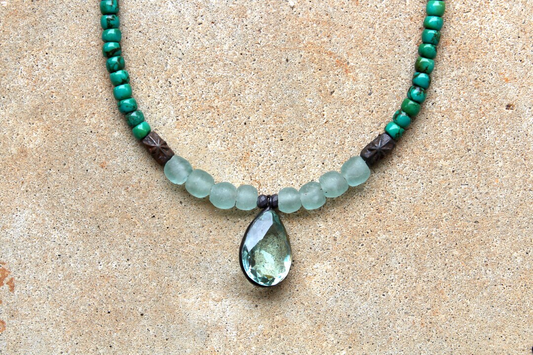 Genuine Turquoise and African Glass Beads With Beryl Pendant - Etsy