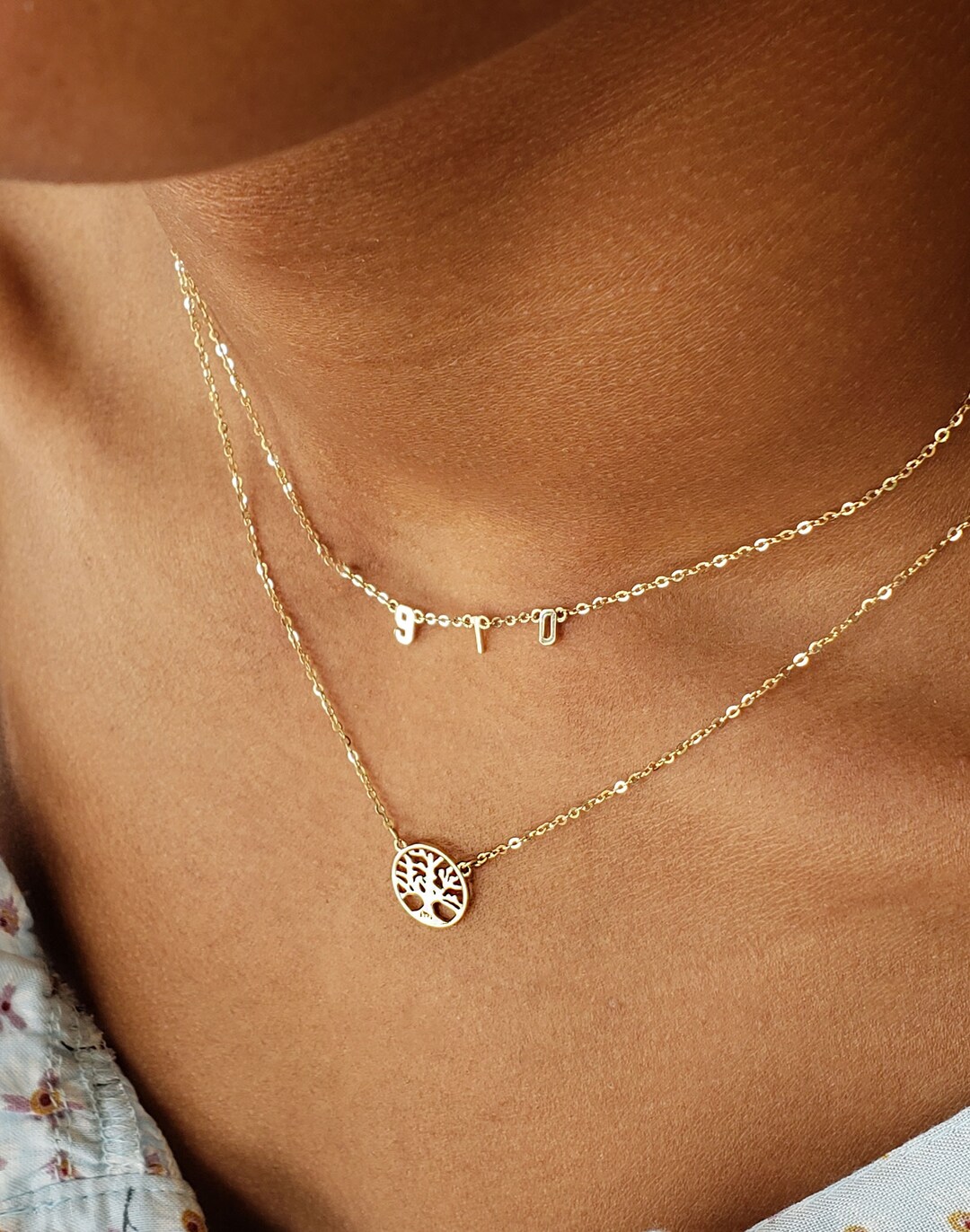 Layered 14k Number and Tree Necklace, Anniversary Gift, Personalized ...