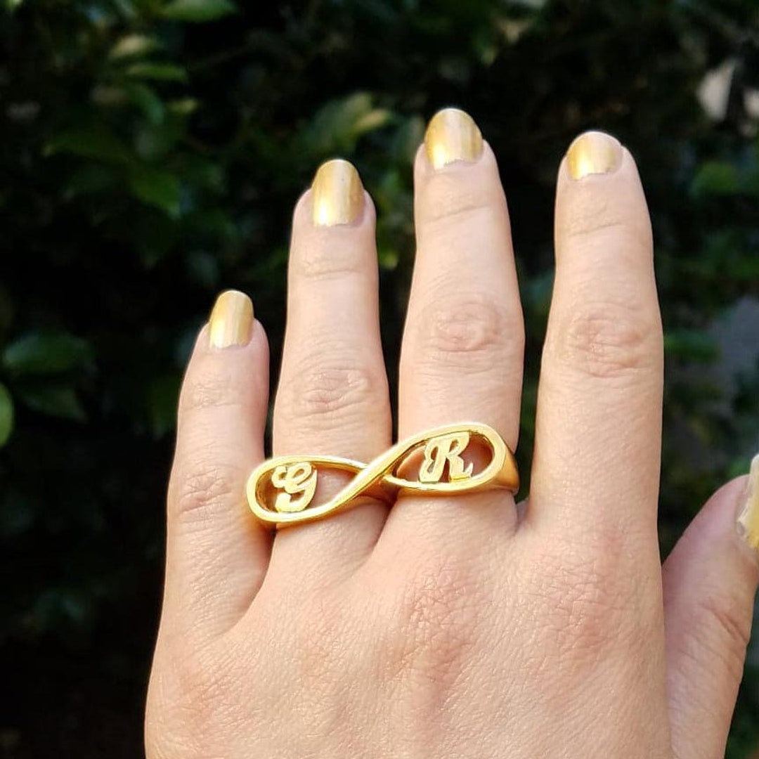 Couple's Initial Rings, Initial Jewelry, Infinity Ring, Double Initial Ring,gold Infinity Ring ...