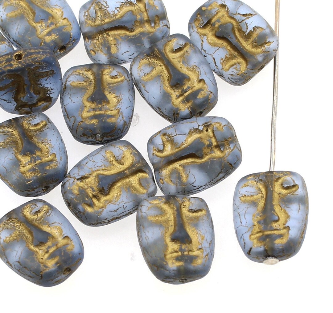 6 SIX 13mm X 11mm CZECH Glass Greek Face Beads Watercolour Blue Gold ...