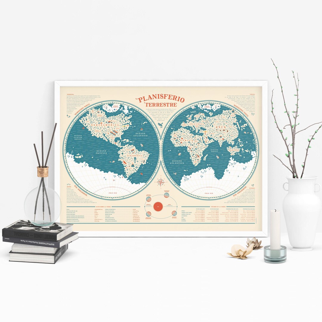 Map of the Land Planisphere Decorative Terrestrial Map Planisphere Earth Map - Etsy