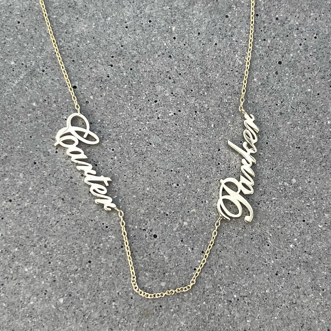 14K Solid Gold Two Name Necklace: Personalized Cursive Pendant - Etsy