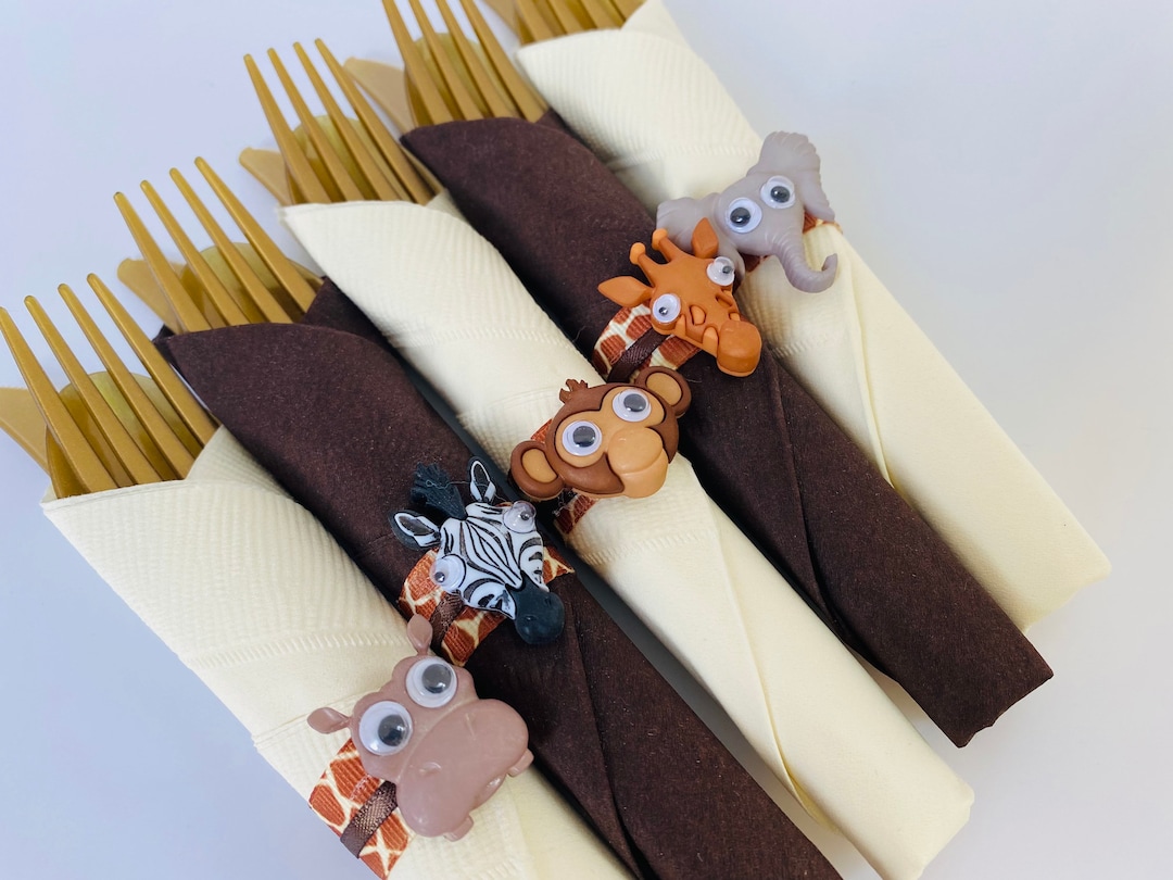 Safari Party Flatware Set: Gold Plastic Cutlery, Animal Charms - Etsy