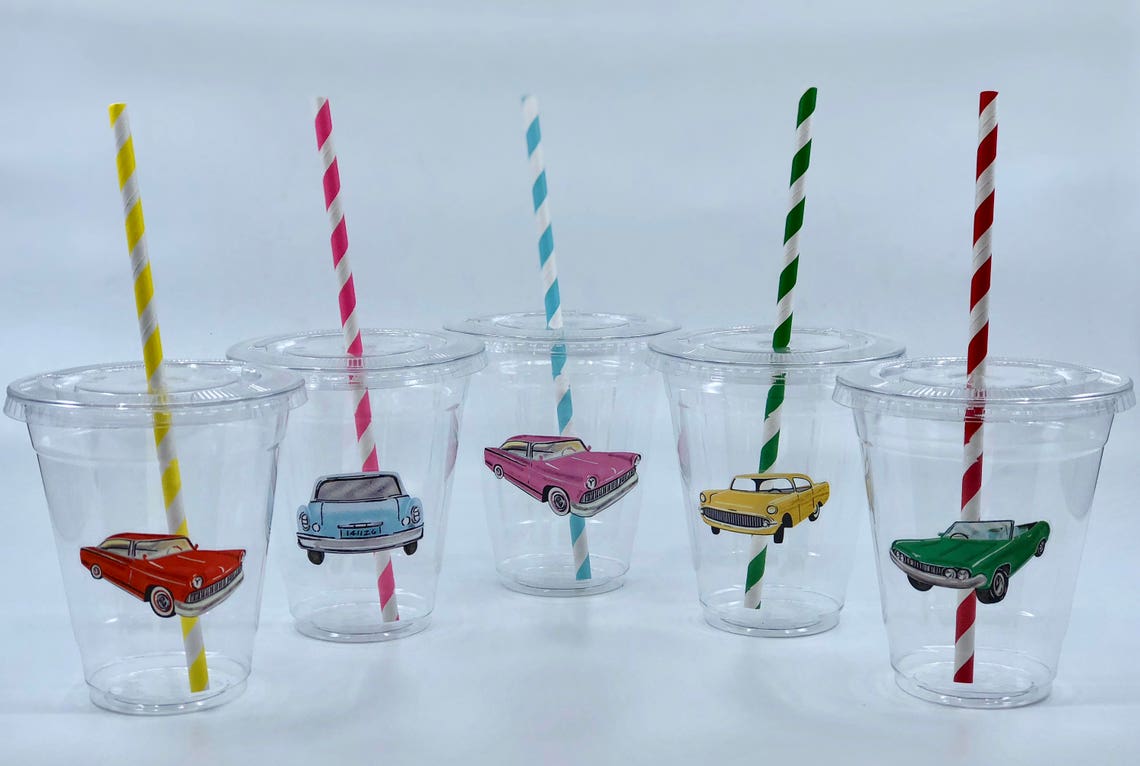 Retro Car Party Cups With Lids and Straws Plastic Car Party - Etsy