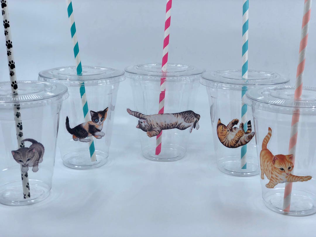 Cat Party Cups With Lids and Straws: Kitten Theme, 12oz Plastic - Etsy