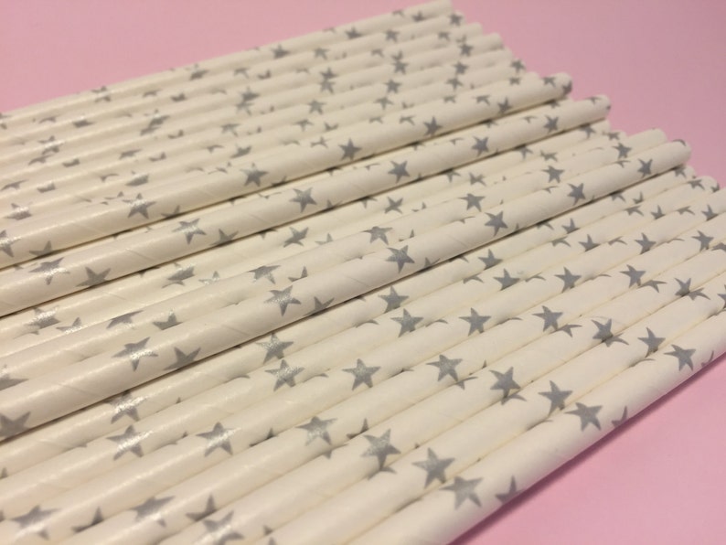 Silver Star Paper Straws 25 Silver and White Straws Space - Etsy