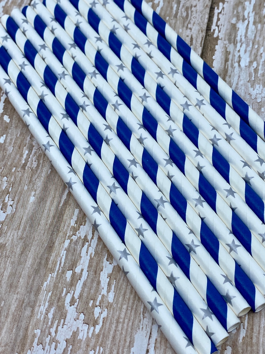 Paper Straws, 25 Navy Blue and White Stripe Straws and Silver Star ...