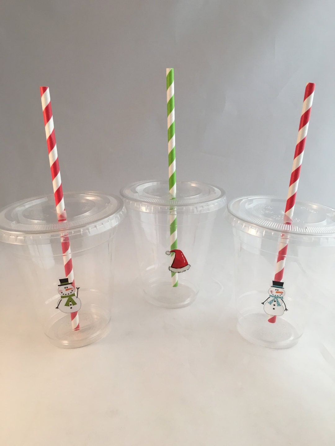 Christmas Plastic Cups With Straws and Lids, Snowmen and Santa Hat ...