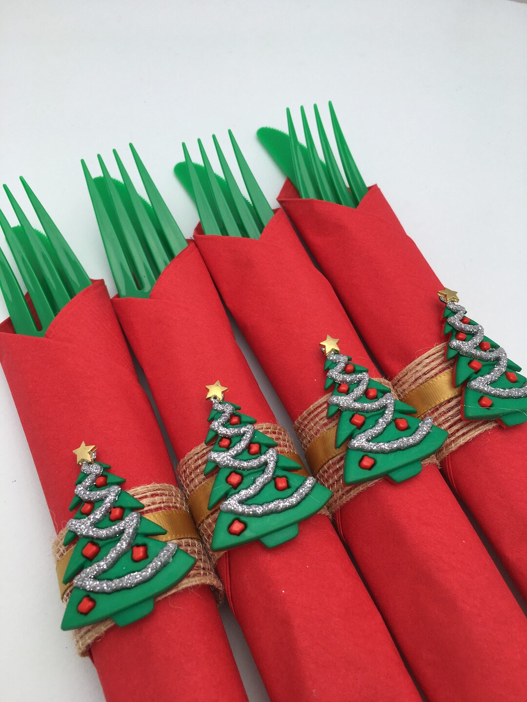 Christmas Flatware With Christmas Tree Napkin Ring, Disposable ...