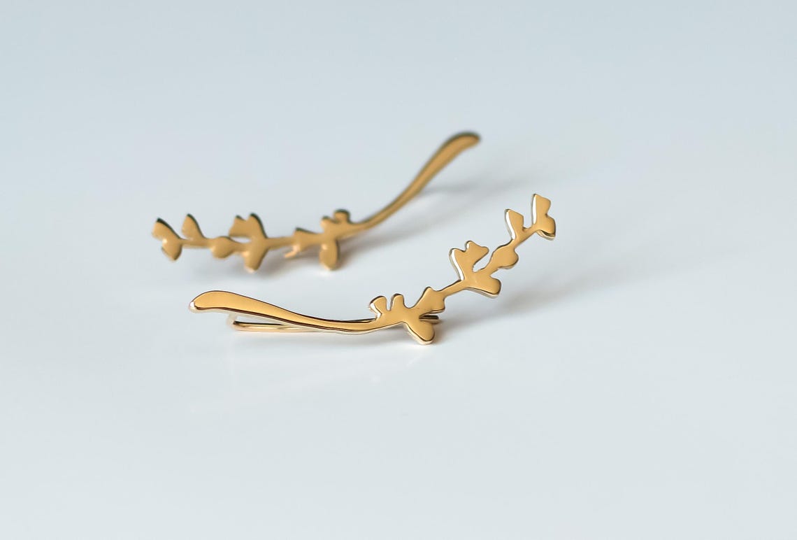 Long Spring Twig Climbers -14K Gold / 925 Silver Leaf Ear Climbers ...