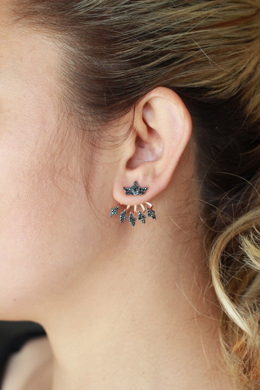 Black Zirconia Crown Ear Jackets: Rose Gold Sterling Silver Earrings - Etsy