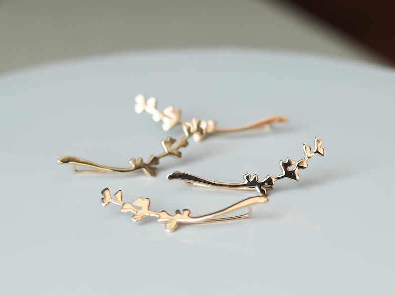 Long Spring Twig Climbers -14K Gold / 925 Silver Leaf Ear Climbers ...