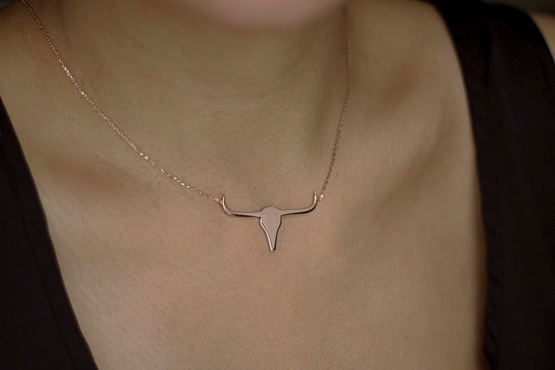 14K Gold Bull Skull Necklace: Bohemian Sterling Silver Boho Jewelry - Etsy