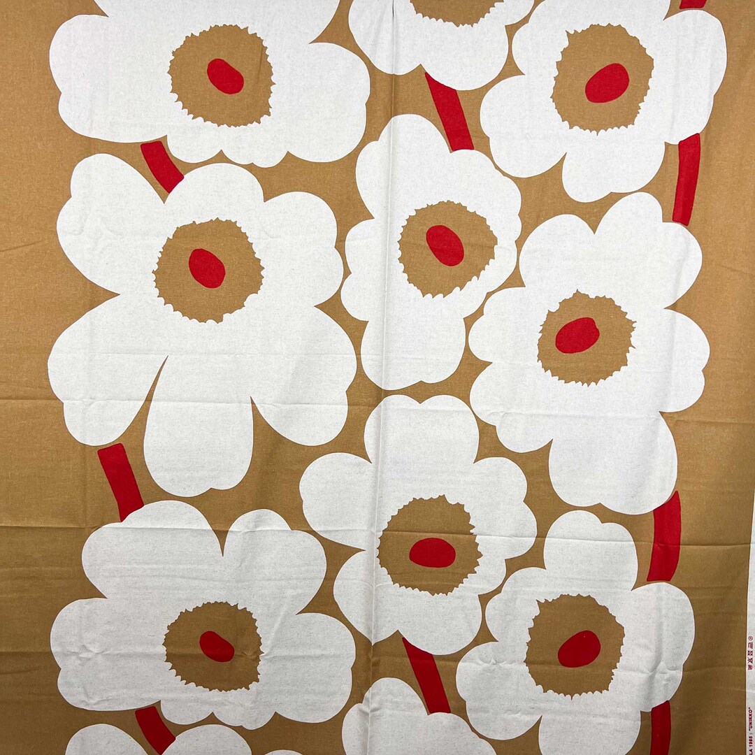 Marimekko unikko Cream Red & Brown Cotton Linen Fabric, Sold by the ...