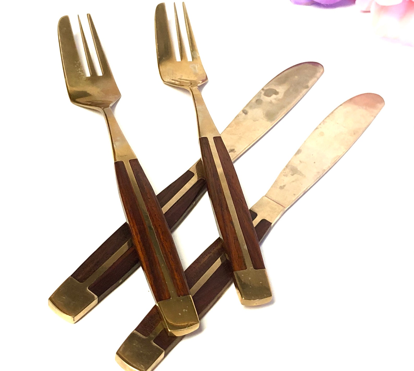4pcs Brass Teak Wood Handle Utensils Dessert Tableware Forks | Etsy