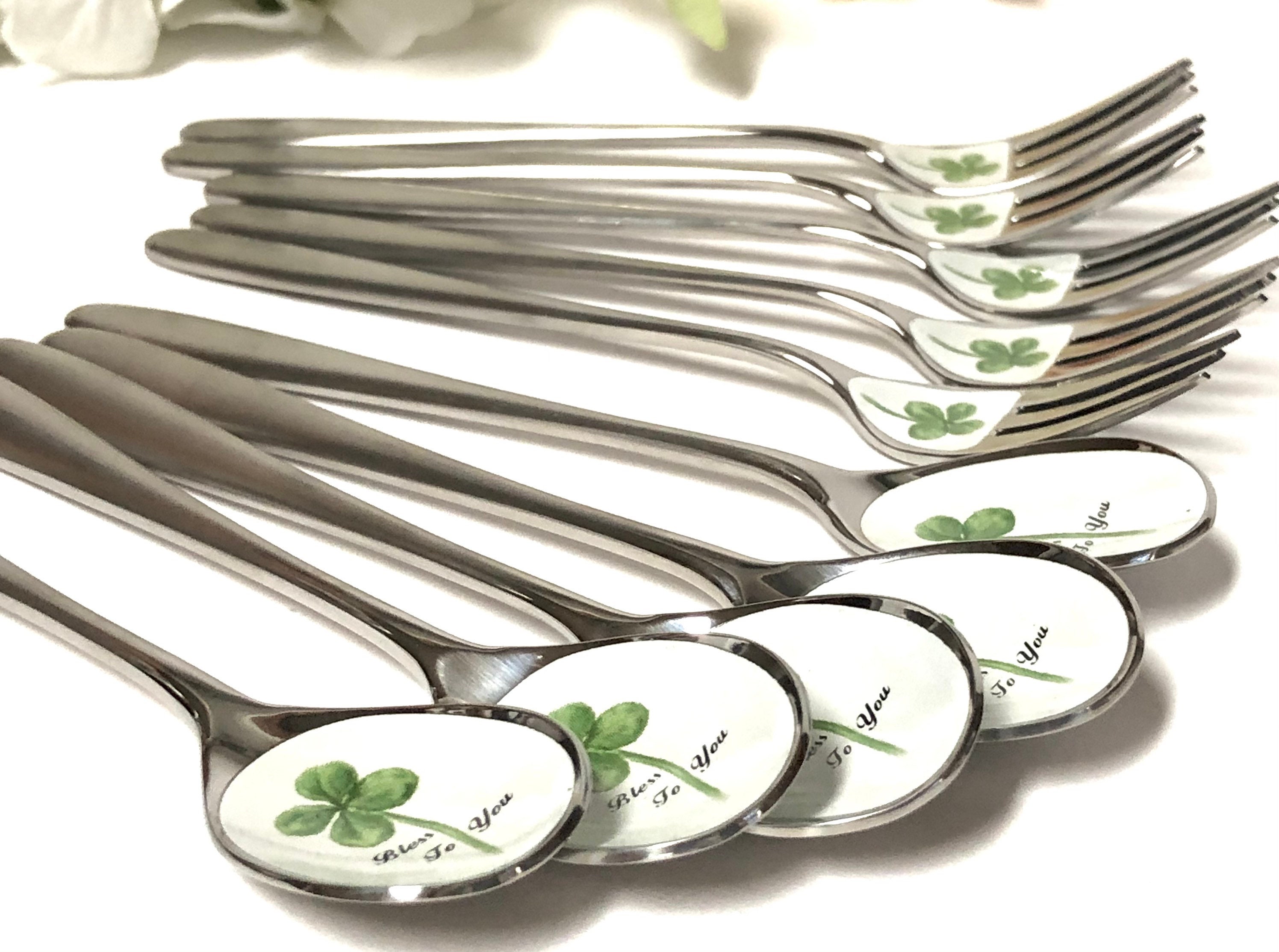 NOS 10pcs Enamel Green Clover Irish Small Forks Spoons Parfait Cocktail ...