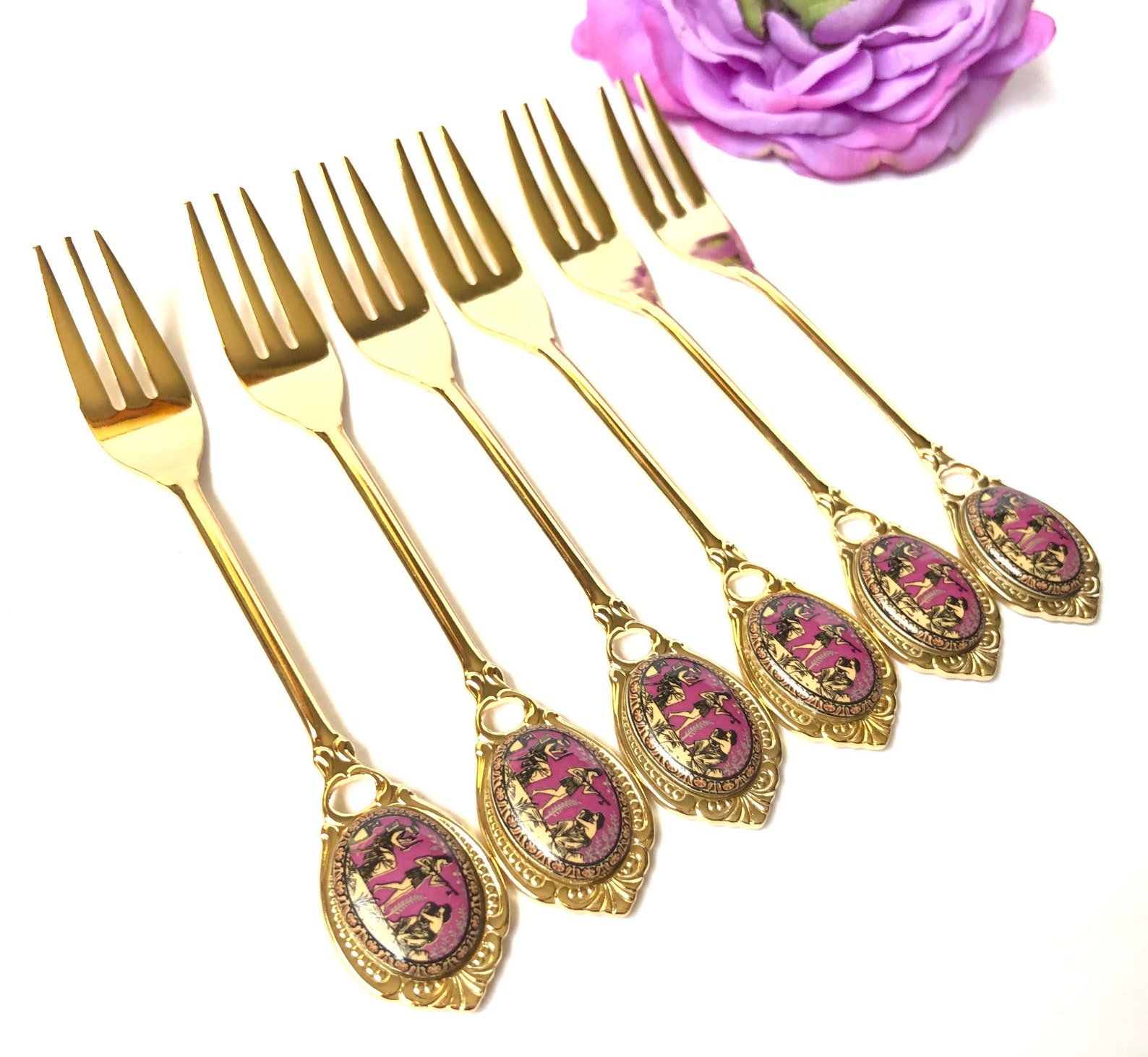 NOS 6pcs Demitasse Pastry Cake Forks Musicians Porcelain Insert Handle ...