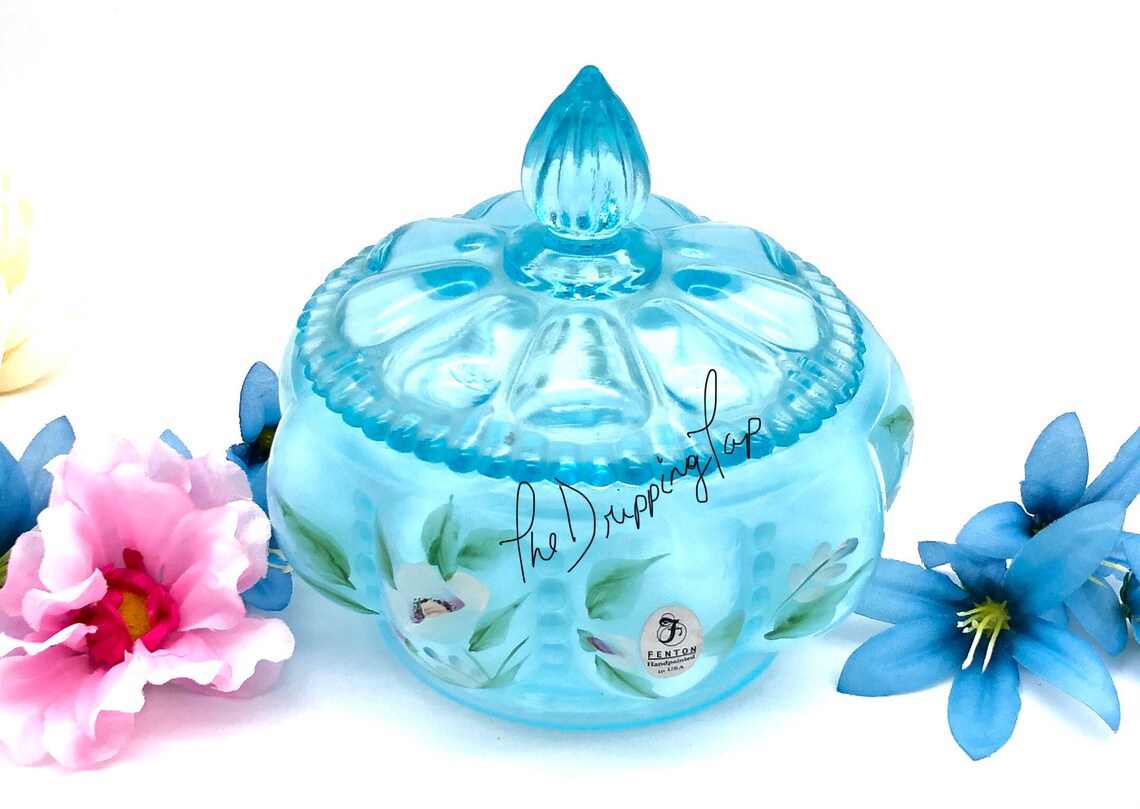 Vintage Fenton Blue Hand Painted Trinket Candy Box Beaded | Etsy