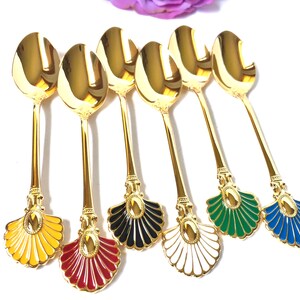 Nos 6pcs Enamel Multi Color Fan Design Teaspoons Spoons Red Blue White ...