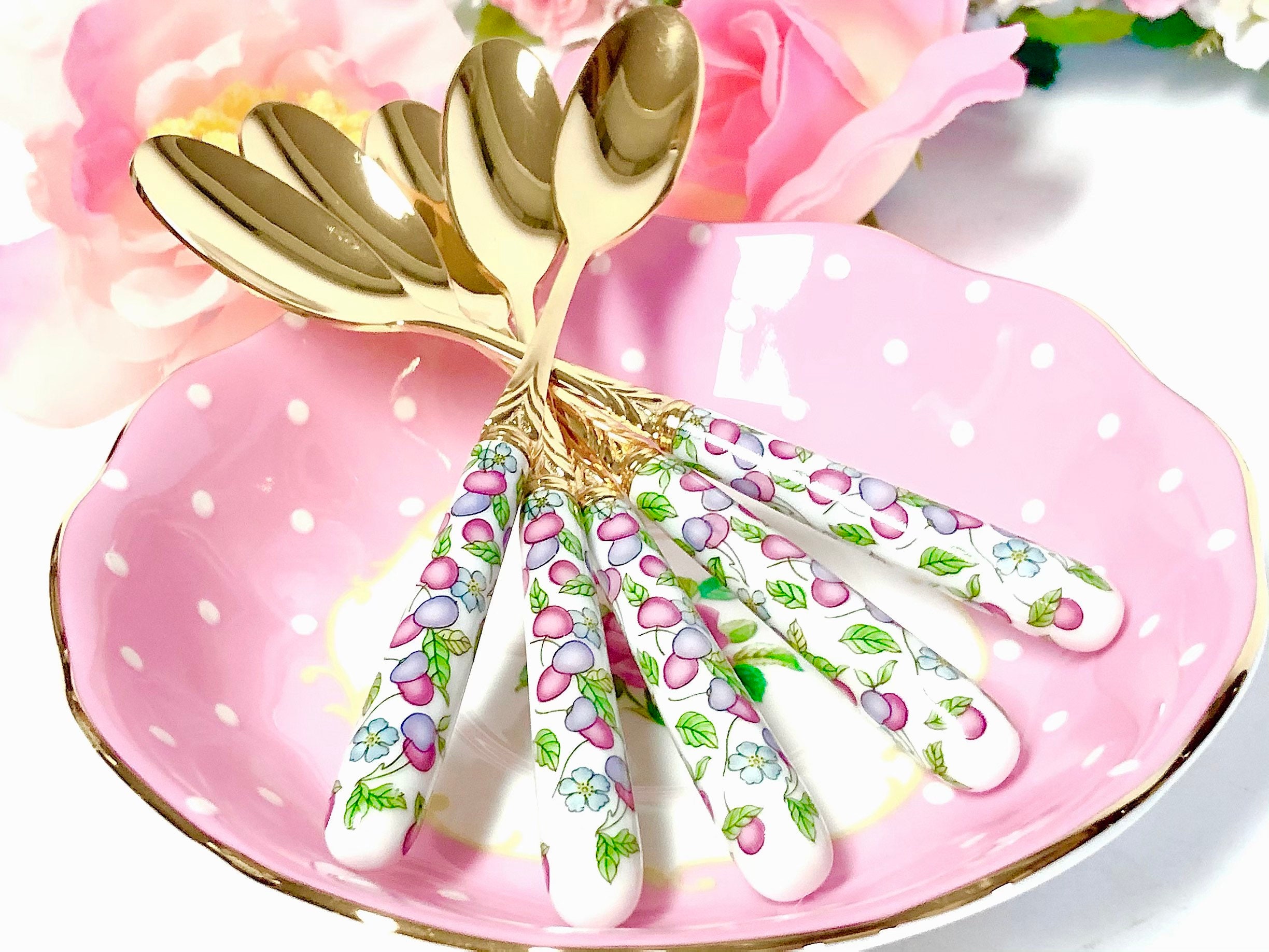 2pcs Gold Demitasse Spoons Forks Pink Purple Green Porcelain Ceramic ...