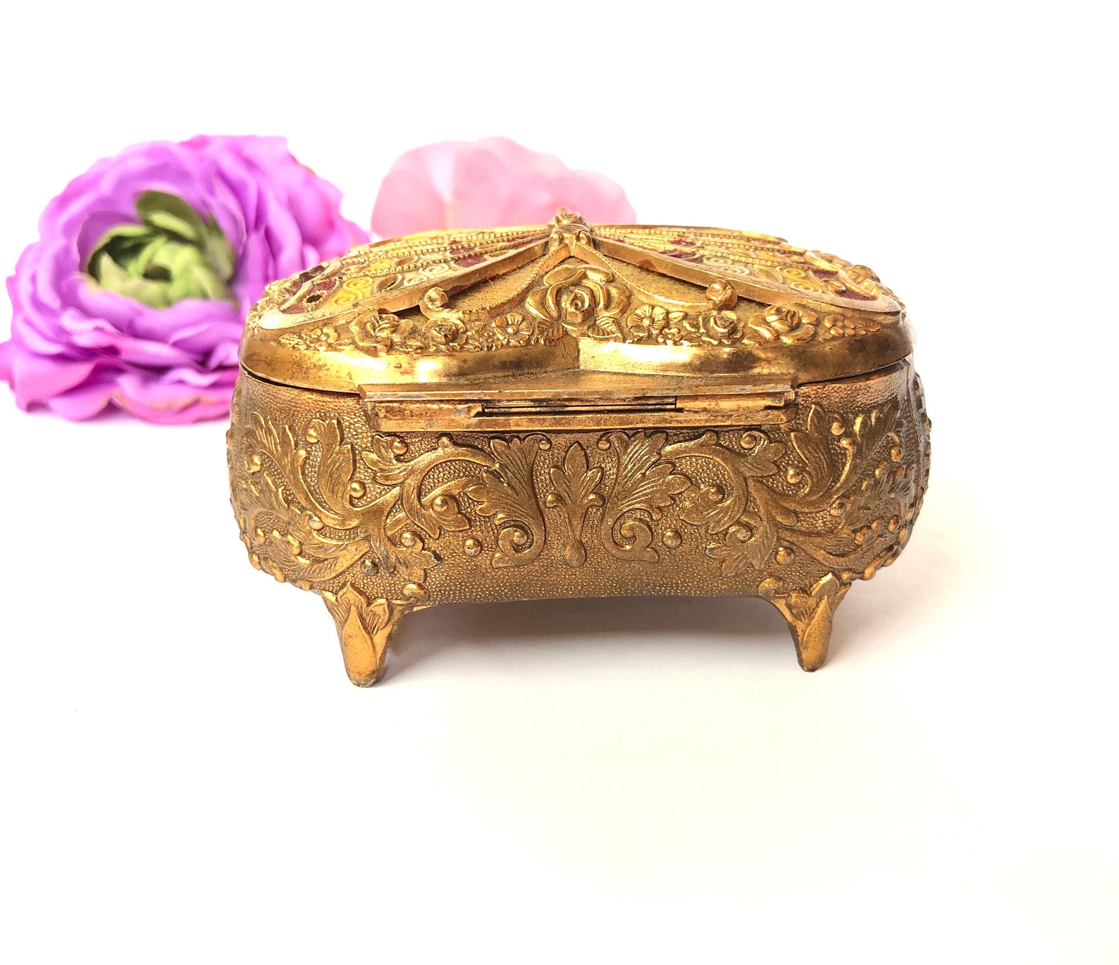 Vintage Ornate Metal Jewelry Box Casket Enamel Butterfly Heart - Etsy
