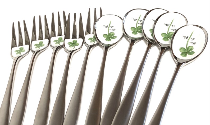 NOS 10pcs Enamel Green Clover Irish Small Forks Spoons Parfait Cocktail ...