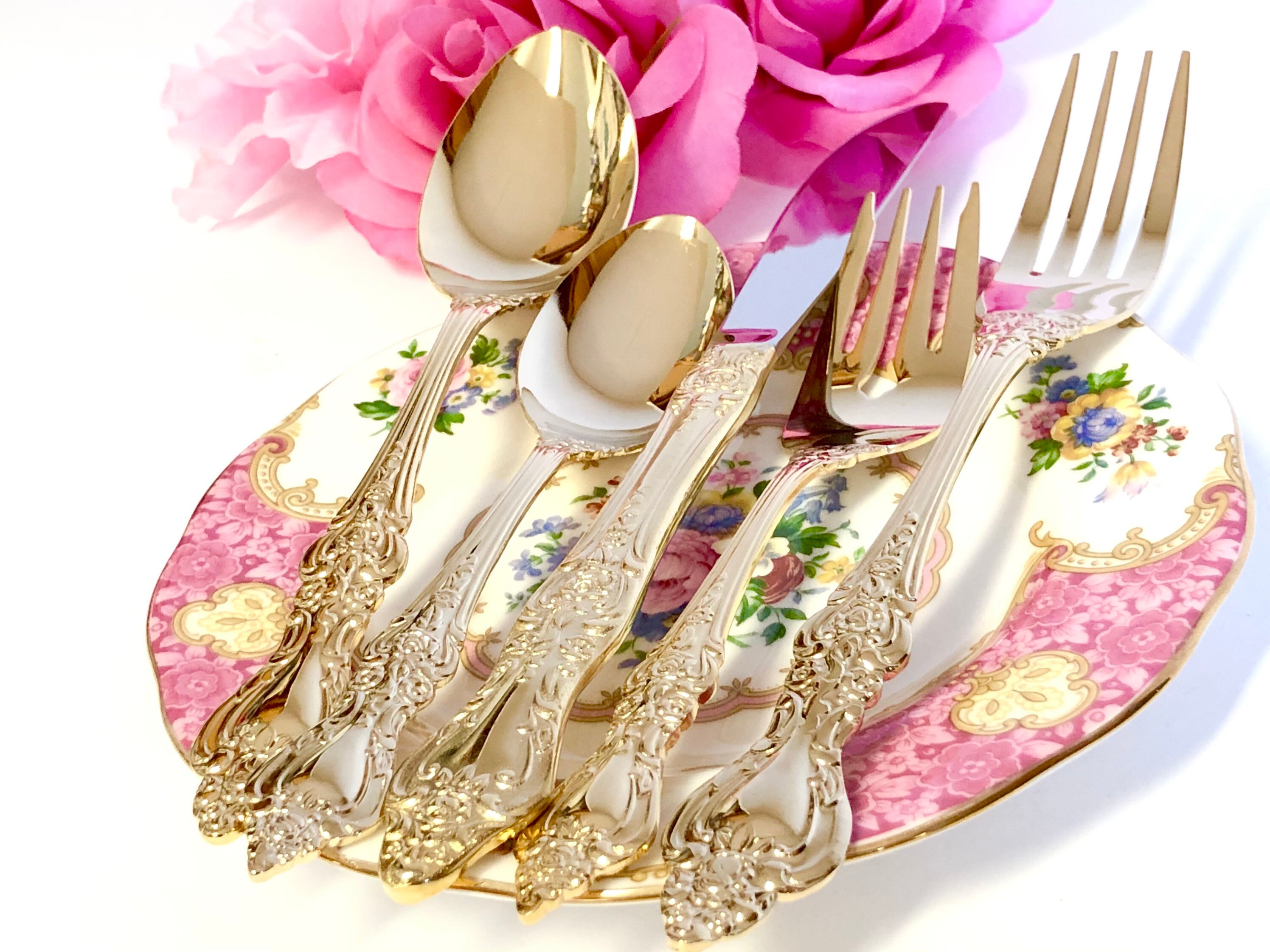 NEW 5pcs Gold Flatware Ornate Golden Goldtone Fancy Roses | Etsy