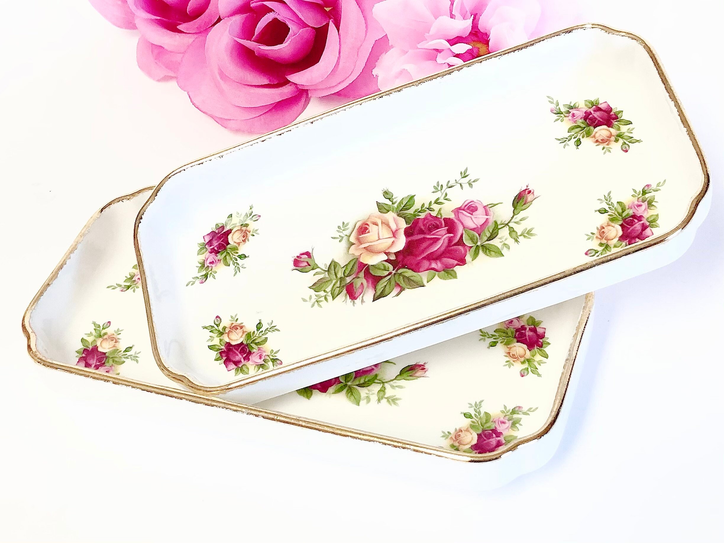 2pcs Royal Albert Old Country Roses Snack Tray Set Hors D Oeuvre Candy ...
