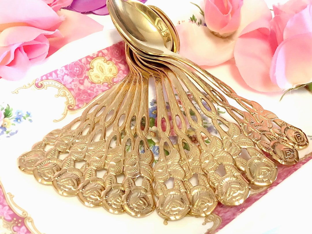 12pcs Gold Flatware Solingen Germany Dessert Spoons Teaspoons Ornate ...